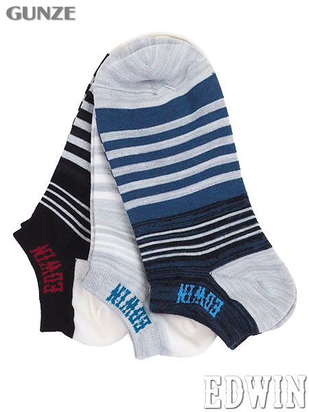 GUNZE(グンゼ)EDWIN 紳士くるぶし丈ソックス 3足組 ボーダー柄 ネットでインナー