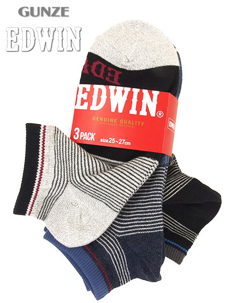 GUNZE(グンゼ)EDWIN(エドウィン)紳士ショートソックス 3PACK ボーダー&無地 ネットでインナー