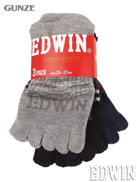 GUNZE(グンゼ)EDWIN(エドウィン)紳士5本指3PACKショートソックス ロゴ&2ライン ネットでインナー