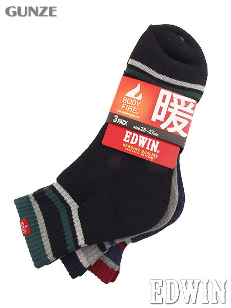 GUNZE(グンゼ)EDWIN(エドウィン)紳士3PACKショートソックス ボーダー柄 ネットでインナー